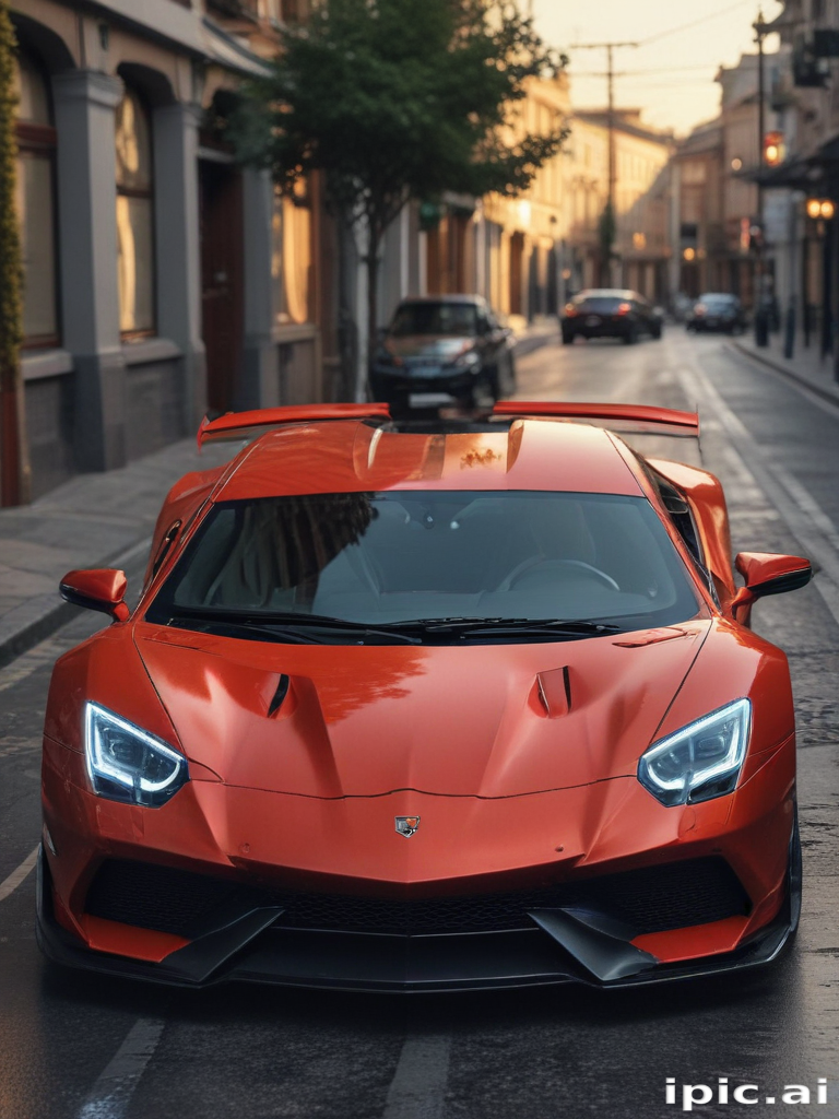 Stunning Orange Sports Car Parked on a Charming Urban Street at Sunset