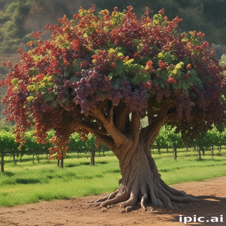 A Majestic Grapevine Tree with Lush, Colorful Foliage in a Vineyard ...