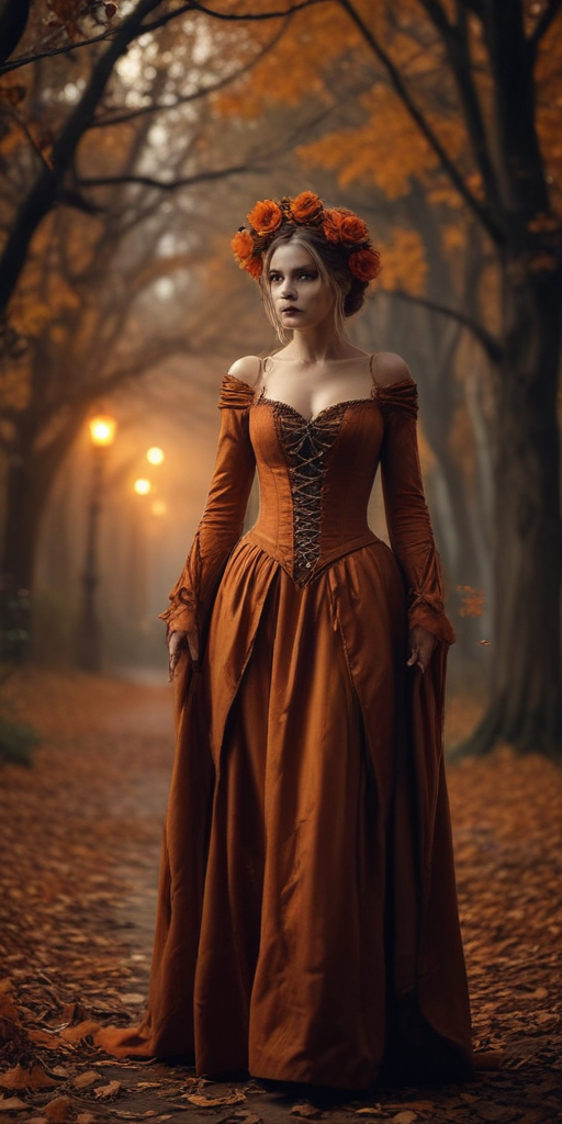 Enchanting Autumn Scene with a Woman in a Flowing Orange Dress