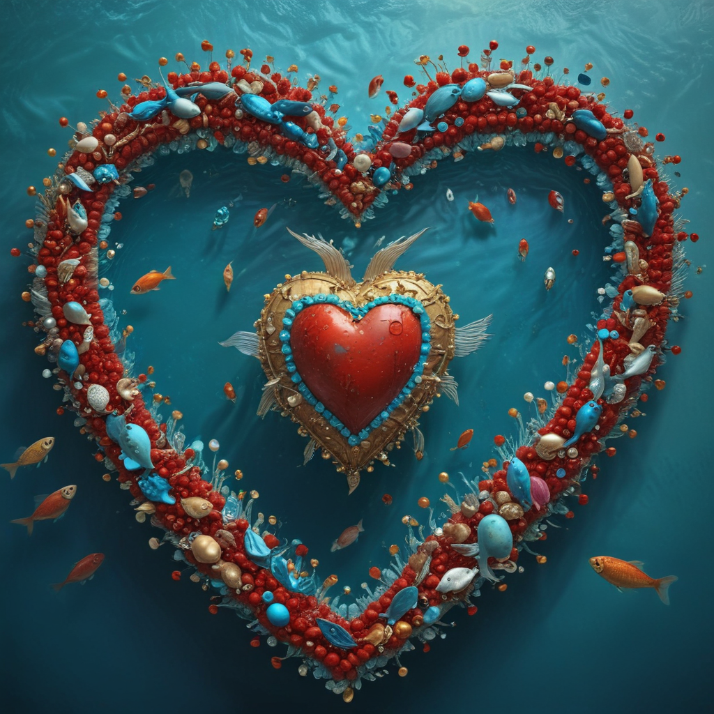 a golden-red-turquoise human-heart, made of pearls and jewels, swimming ...