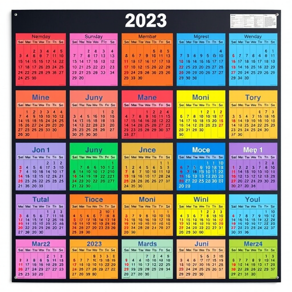 Colorful 2023 Wall Calendar Featuring Unique Month Names and Layout.