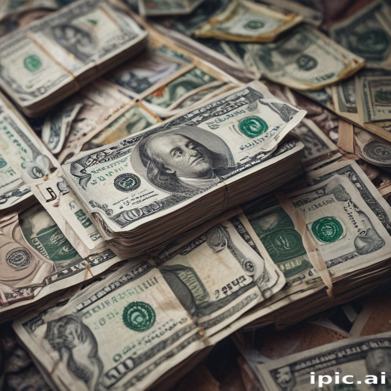 Stacks of U.S. Currency Spread Out on a Table for Display.