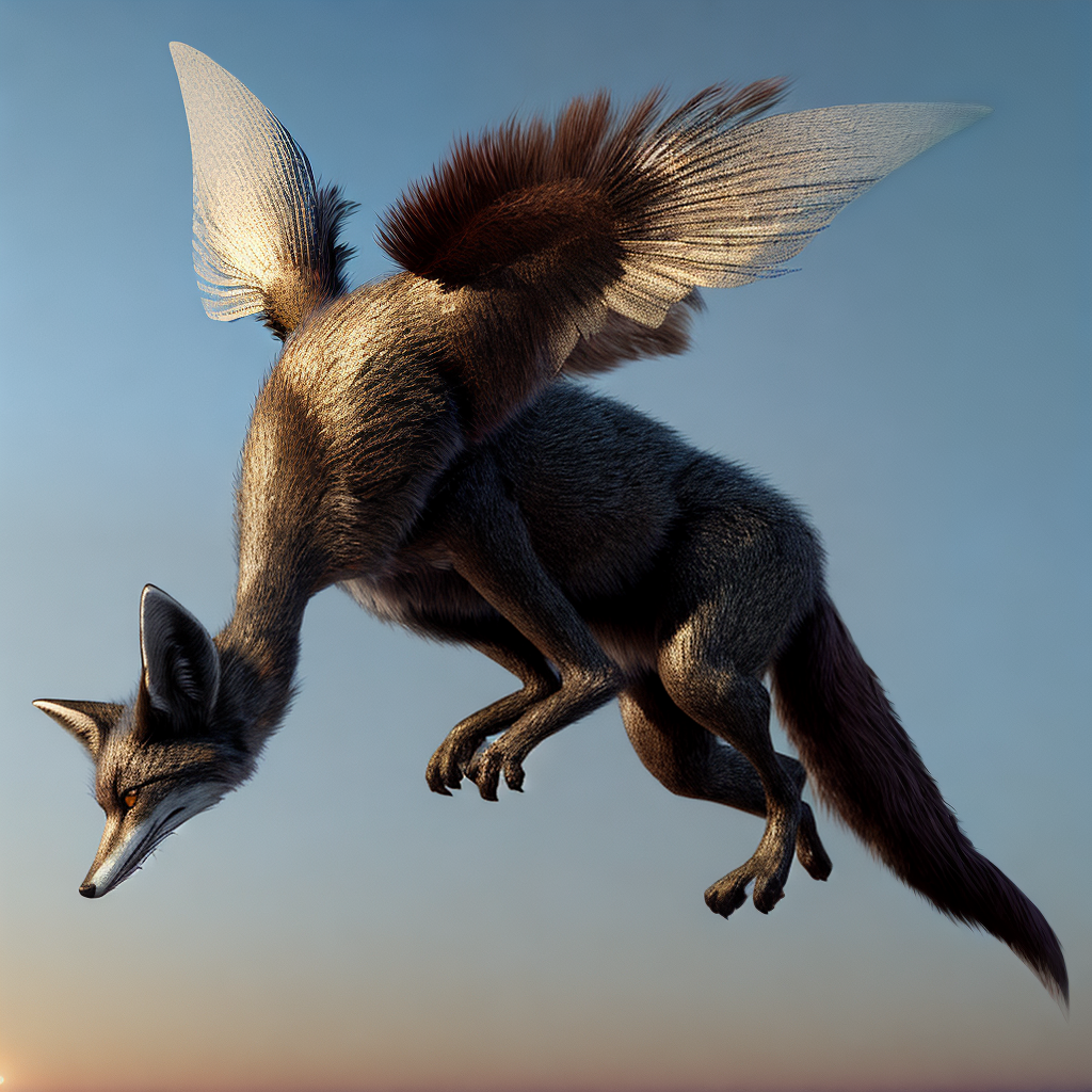 Cinematic 3d photorealistic metallic fox with wings and axolotl