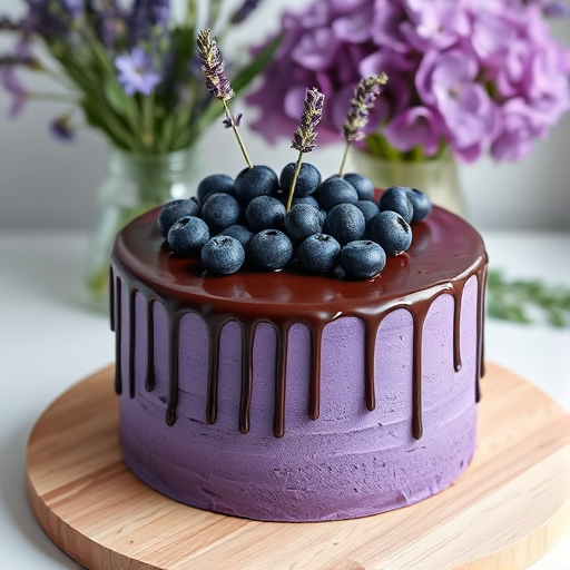 Delicious Blueberry Chocolate Drip Cake with Lavender Flowers on Top