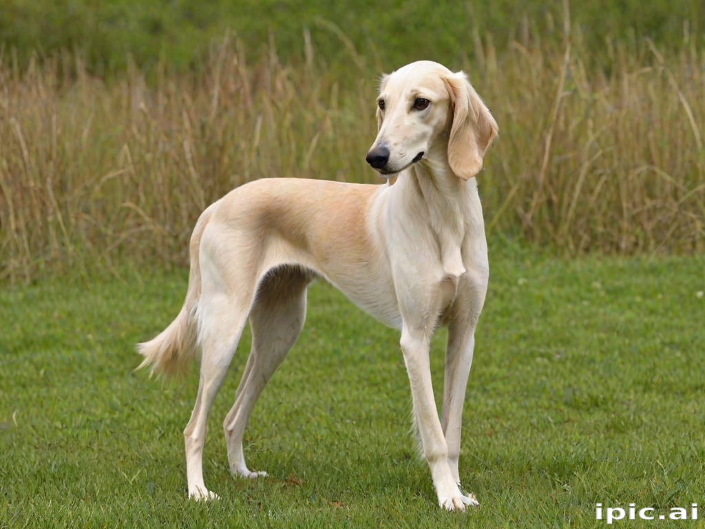 A Graceful Saluki Dog Standing Proudly in a Lush Green Field.