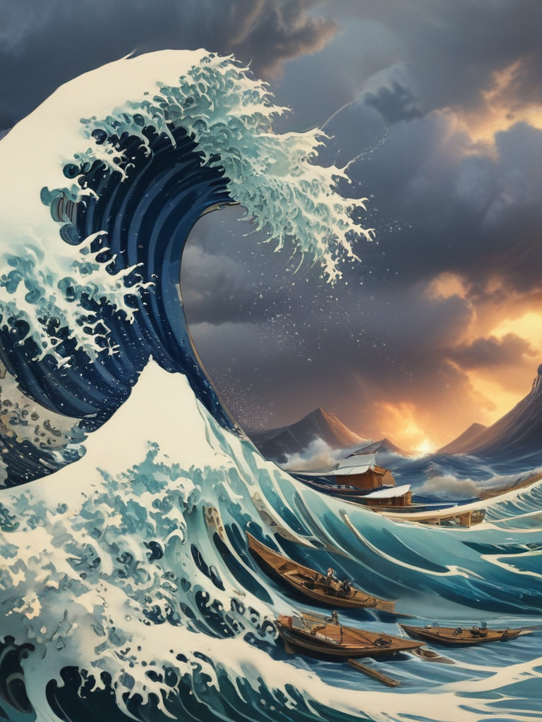 Majestic Ocean Wave Crashing Over Boats Amidst Dramatic Sunset Skies