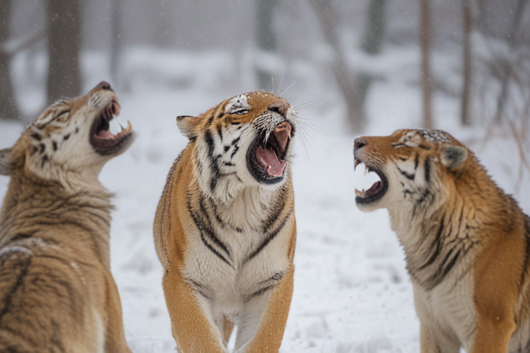 A siberian tiger roaring at a pack of wolves in snow