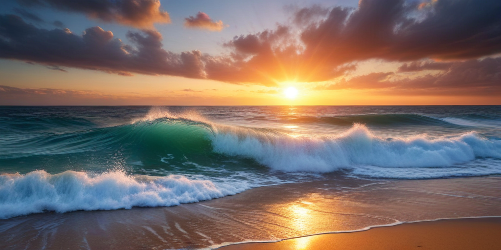 Serene Sunset Over Ocean Waves with Golden Light Reflecting on Sand