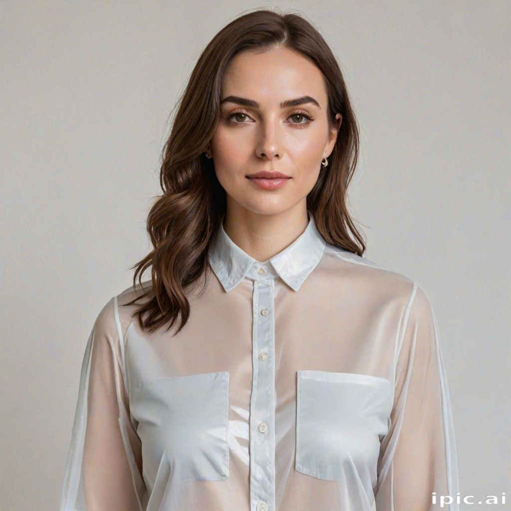 Elegant Model Posing in a Sheer Button-Up Shirt Against a Neutral ...