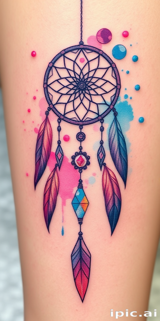 Enchanting watercolor splash tattoo of a dreamcatcher with flowing ...