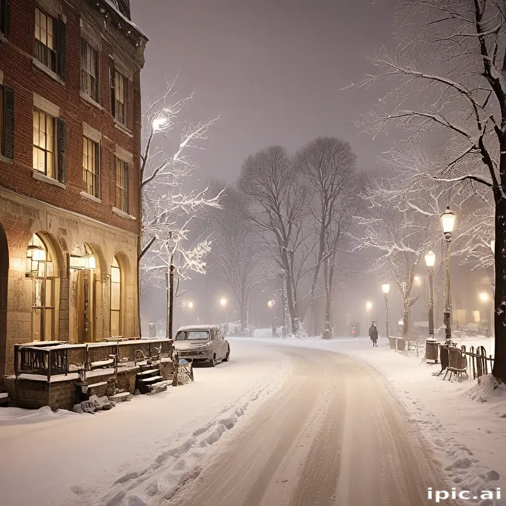 Charming Winter Evening in a Snowy Park with Soft Street Lights
