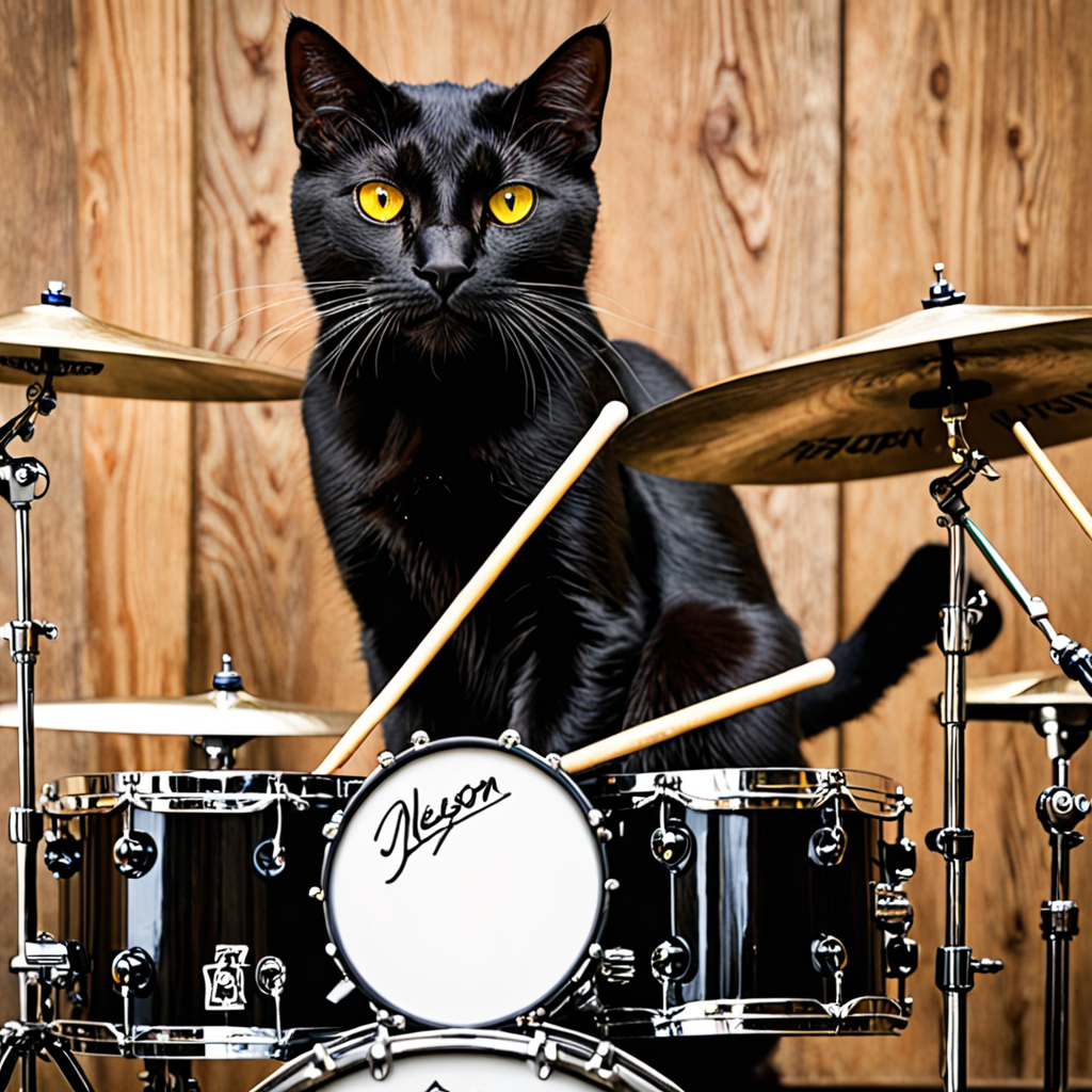 Nelson the black cat with yellow eyes playing the drums with his paws