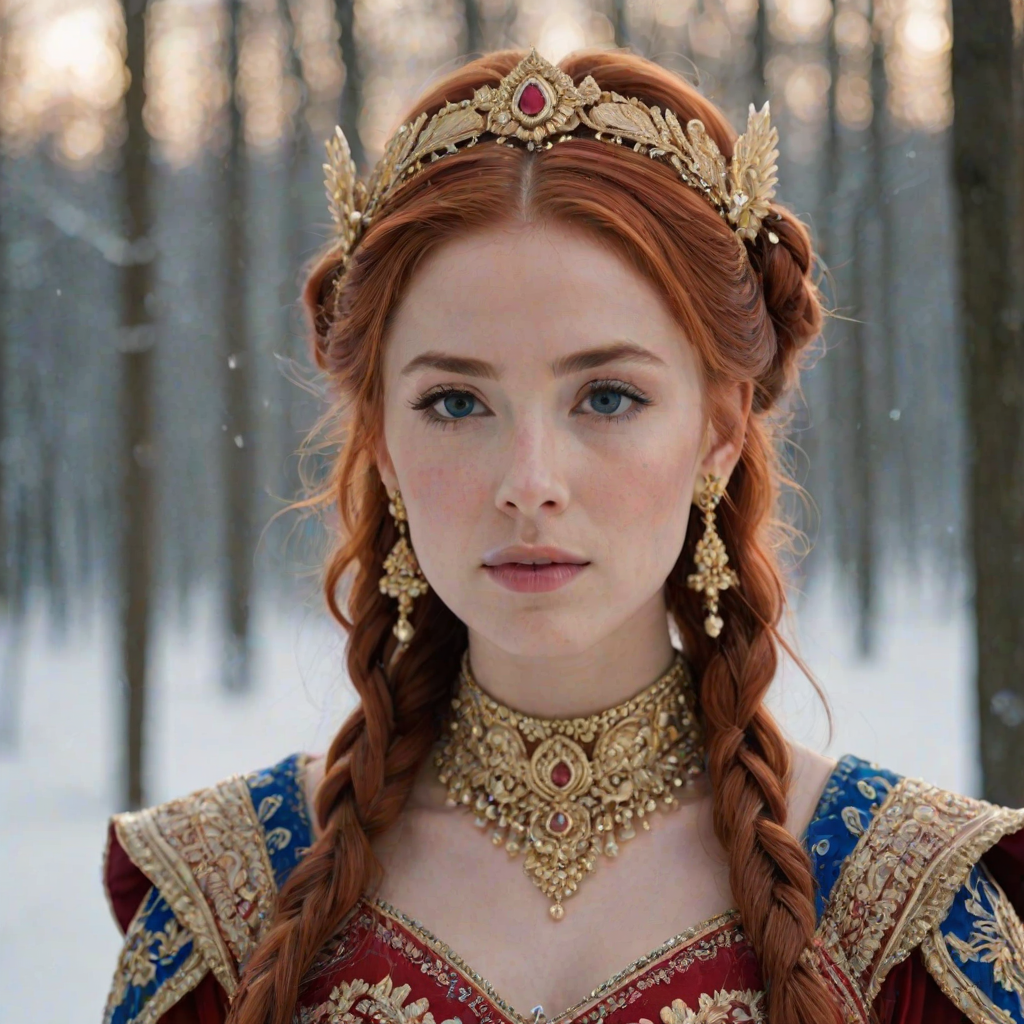 Enchanting Winter Princess in a Snowy Forest Wearing Regal Attire