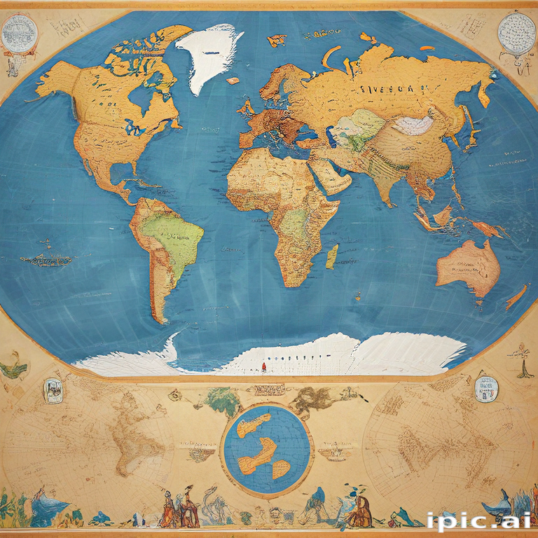 Colorful Vintage World Map Featuring Unique Illustrations and ...