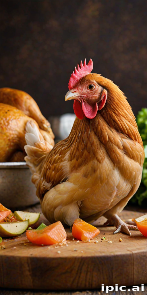 A Colorful Hen Posing Elegantly Amidst Fresh Vegetables and Meats
