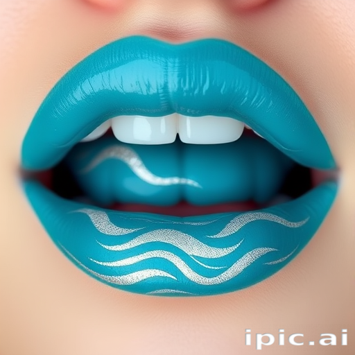 Vibrant Turquoise Lips with Artistic Waves for a Bold Makeup Statement