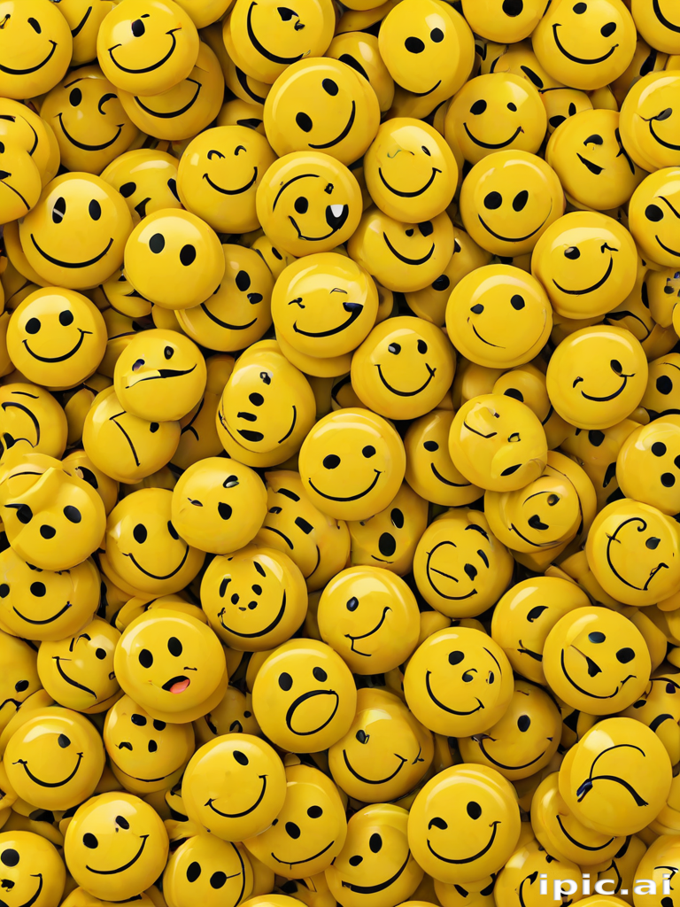 A Vibrant Collection of Cheerful Yellow Smiley Face Buttons in Close-Up.