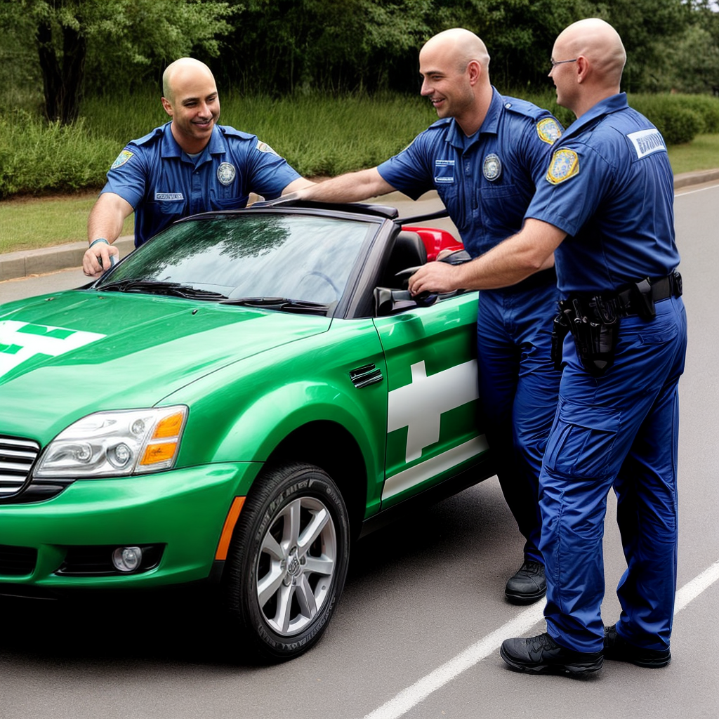 a bald paramedic rescuing a person from a car