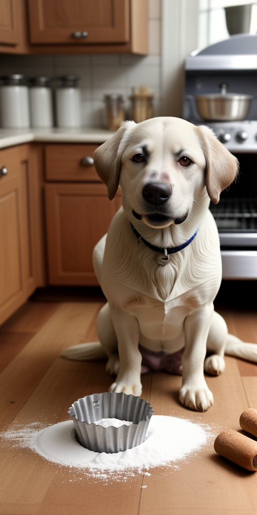 A Playful Dog Sitting in the Kitchen Surrounded by Baking Ingredients