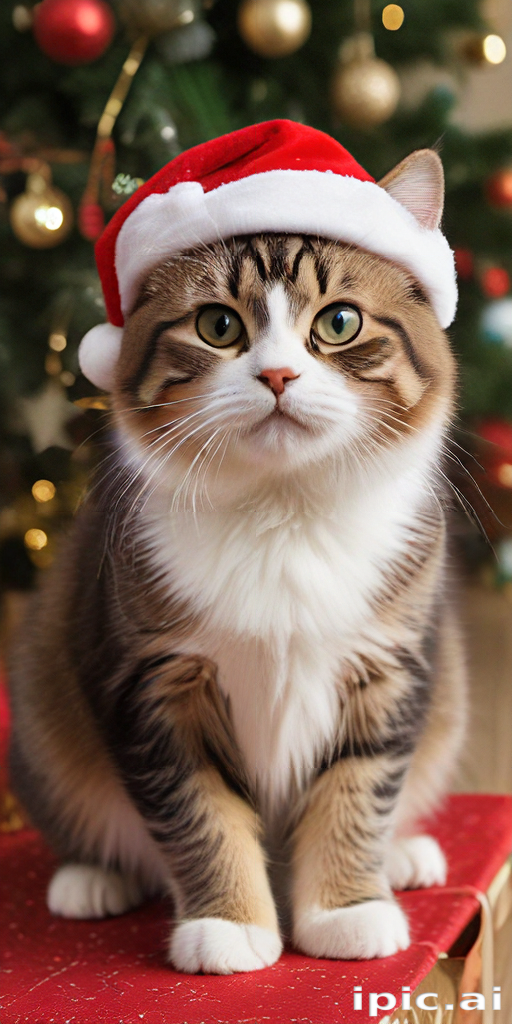 Adorable Cat in Santa Hat Sitting Festively Under Christmas Tree ...