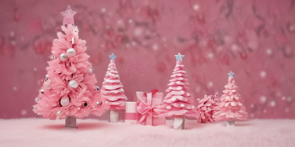 Charming Pink Christmas Scene with Adorable Trees and Festive Gifts