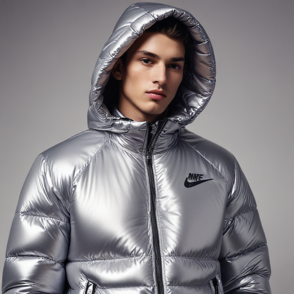 Male supermodel nike shiny puffer jacket bling jewellery hood