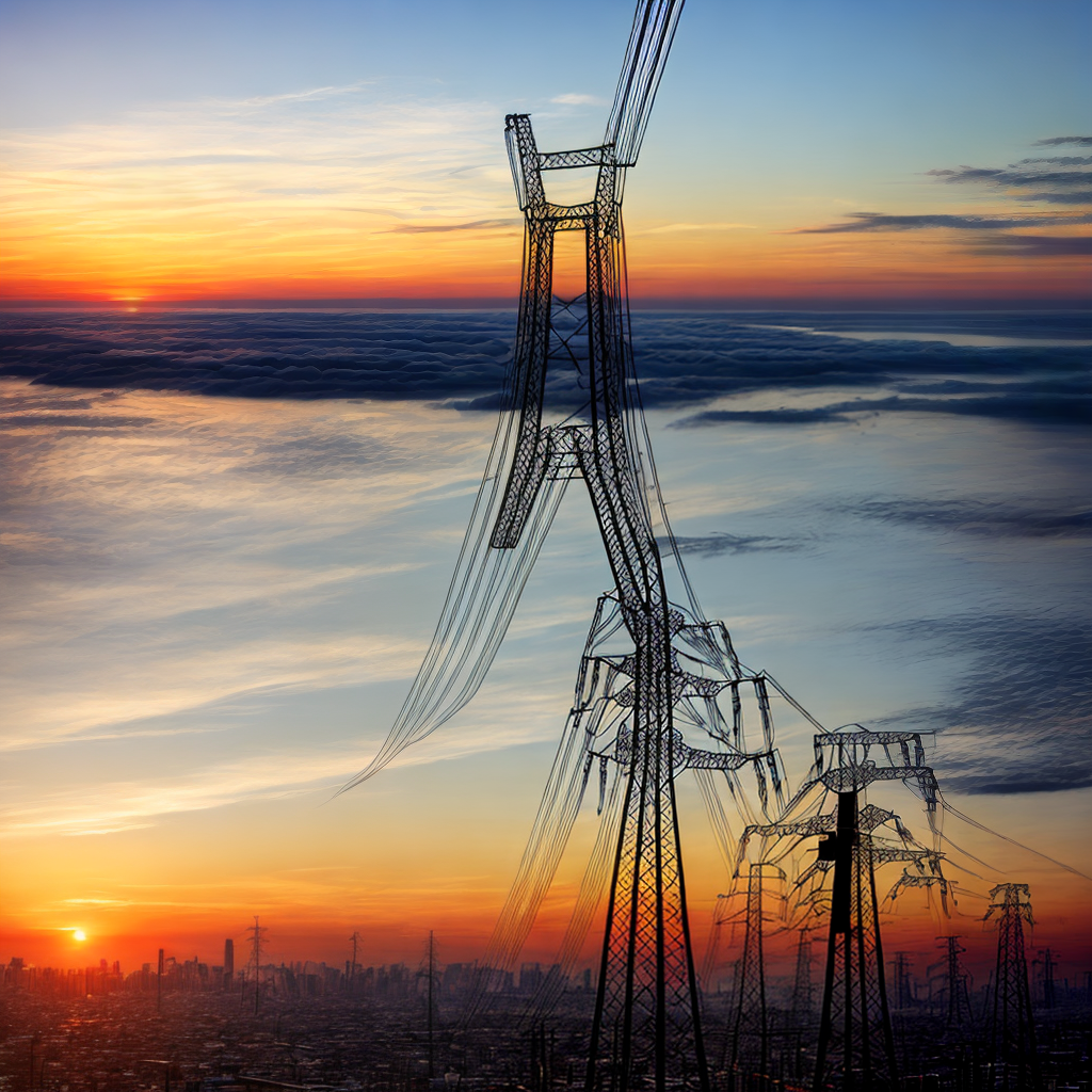 An artistic shot of a city's network of intertwining power lines ...
