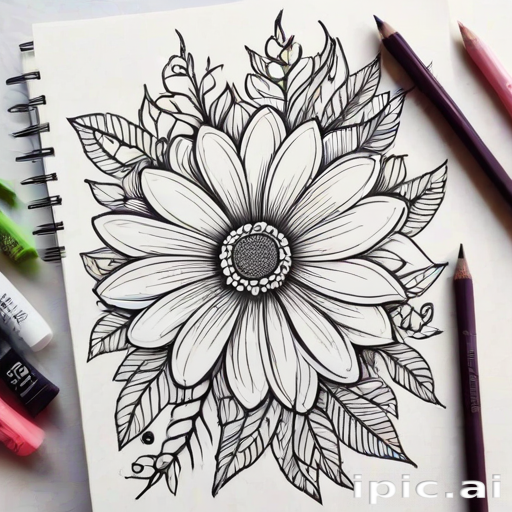 Intricate Hand-Drawn Flower Design with Detailed Leaves and Artistic Tools