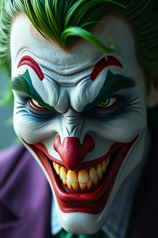 Create a highly detailed portrait of a joker character with green hair ...