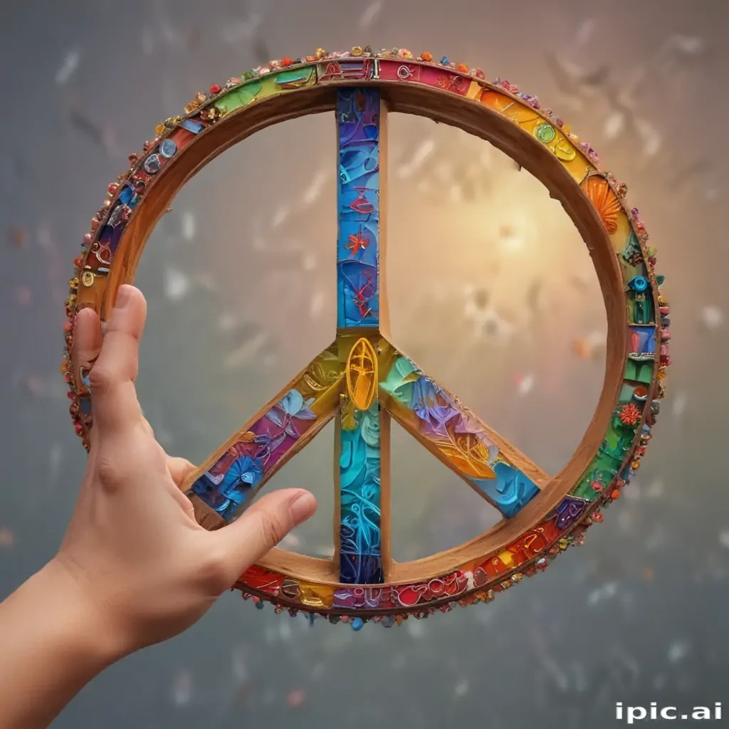 Hand Holding a Colorful Peace Symbol Against a Dreamy Background
