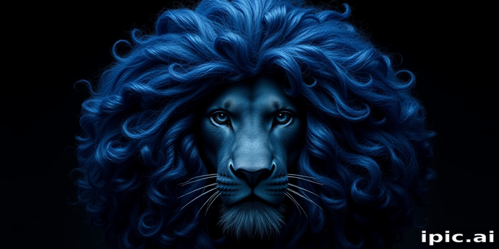 A Majestic Blue Lion with an Elaborate Curly Mane Staring Intently.