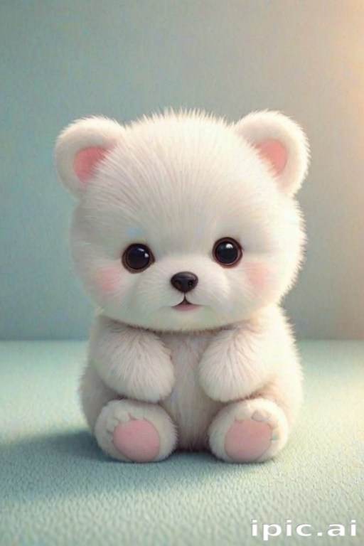 Adorable Fluffy White Bear Cub with Big Eyes and Soft Fur