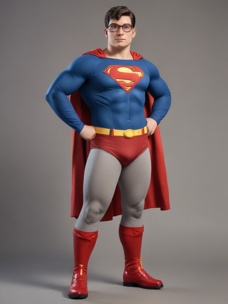 Realistic chubby high school nerd guy, realistic superman costume and ...
