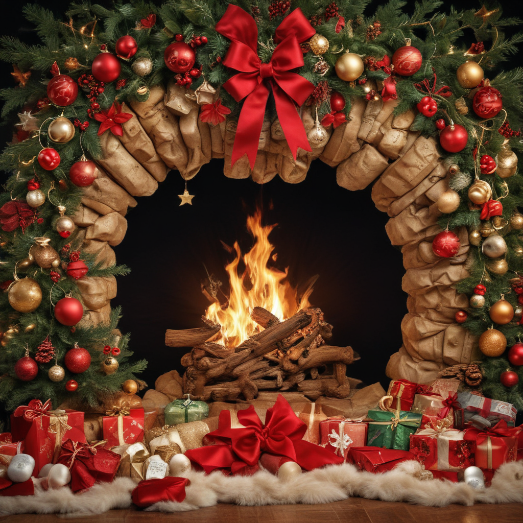 A Cozy Christmas Fireplace Decorated with Colorful Ornaments and Gift ...