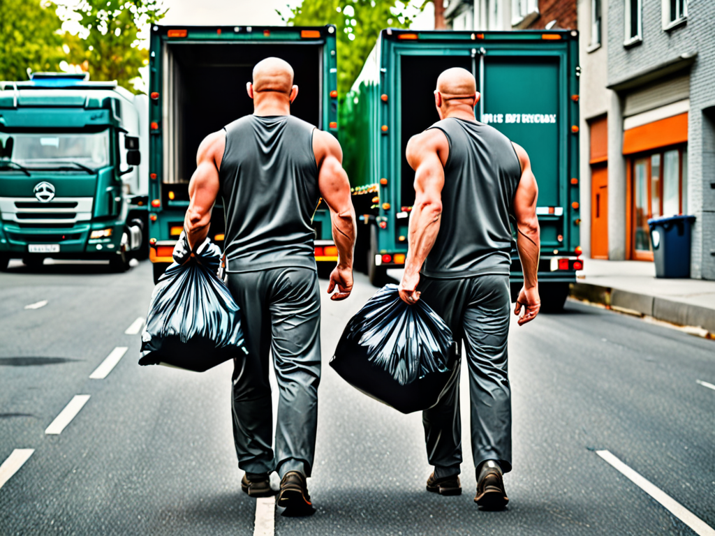 realistic handsome muscular bald garbagemen from behind carrying black ...