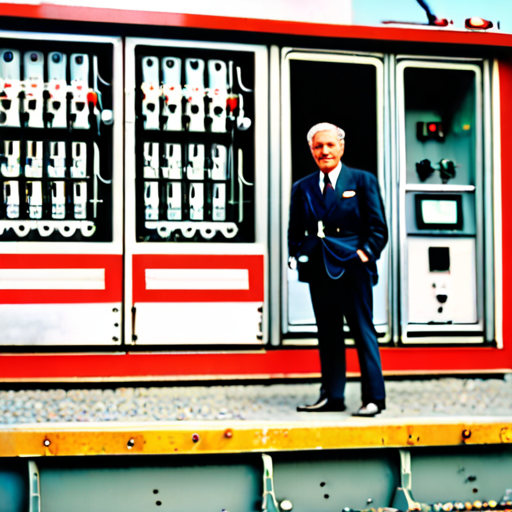 actor C. Ernst Harth in front of electric switching station.