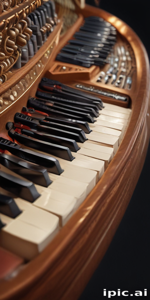 Close-Up of Ornate Wooden Organ Keys with Intricate Detailing and Texture
