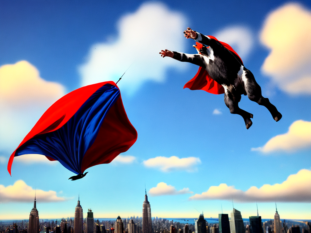 Cow with the cape of Superman flying in the sky of New York