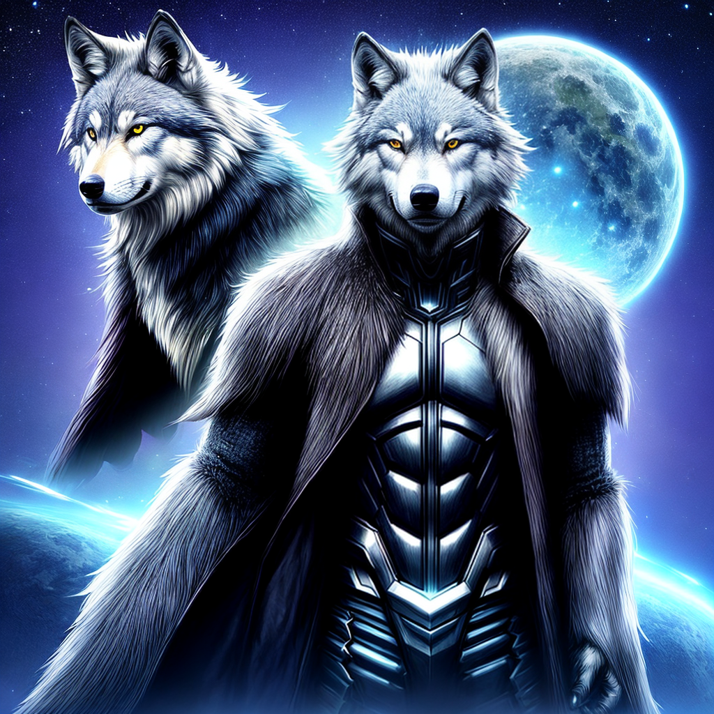 image of a futuristic anime-style wolf with hair and coat