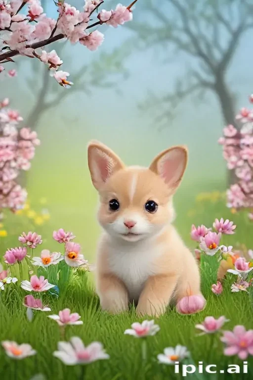 A Cute Baby Bunny Surrounded by Colorful Flowers and Blooming Trees