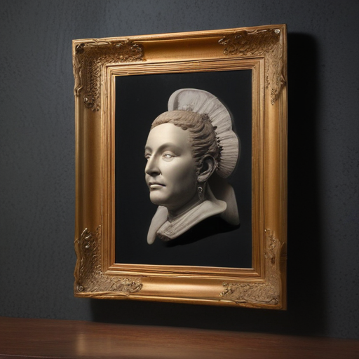 Elegant Sculpture of a Historical Woman Framed in Ornate Golden Frame