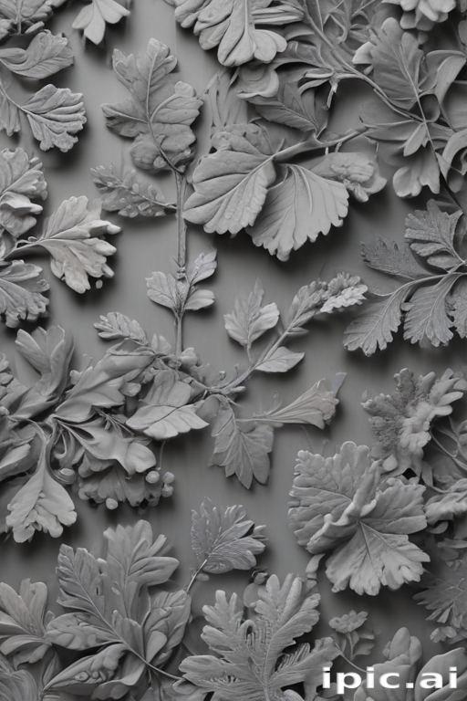 Intricate Grey Relief of Various Leaves and Foliage Patterns Displayed ...