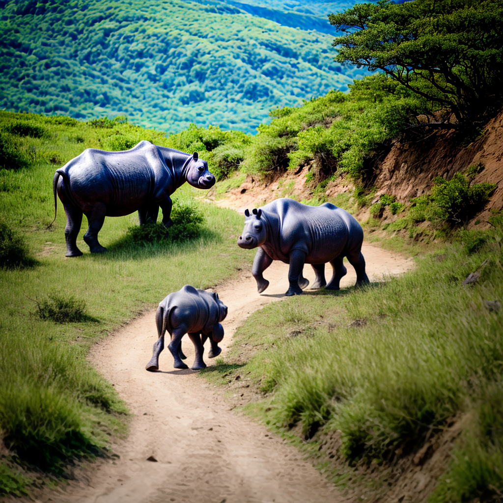 baby hippopotamus walking on mountain path - seen from rear