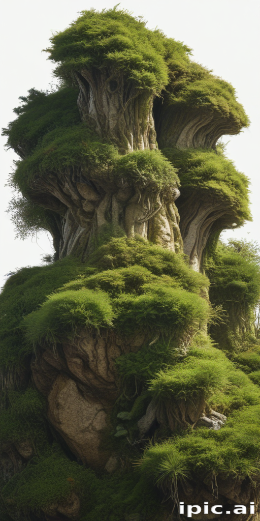 Majestic Towering Tree Formation Covered in Lush Green Moss and Foliage