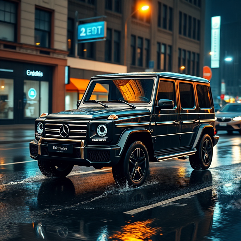 A Luxurious Mercedes-Benz G-Class SUV Driving Through a Rainy City Street.
