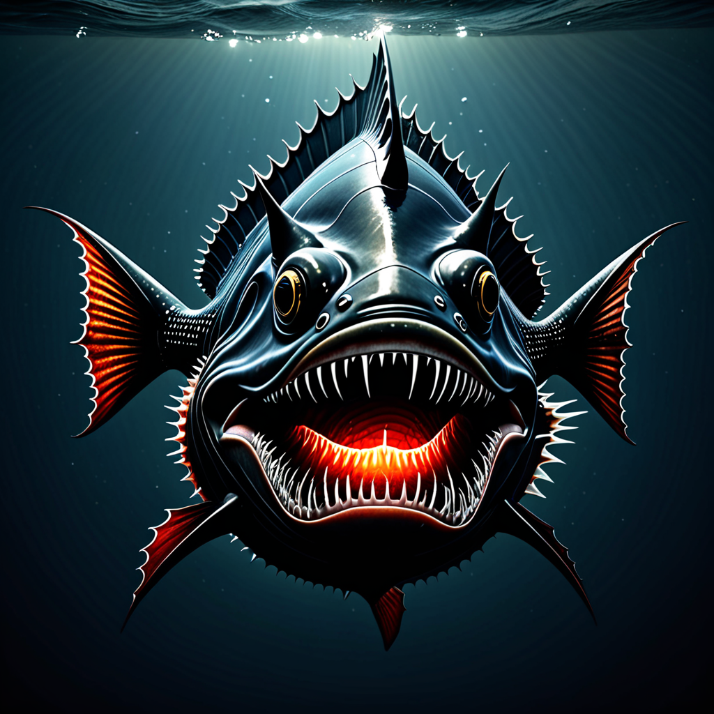 realistic scary huge teeth angler fish illuminated by it's lure ...