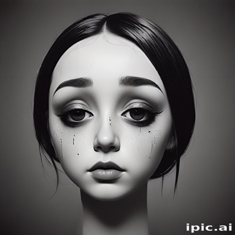 Emotional Portrait of a Crying Doll with Striking Monochrome Features