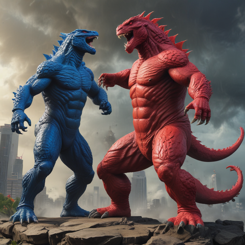 red godzilla fighting blue kong