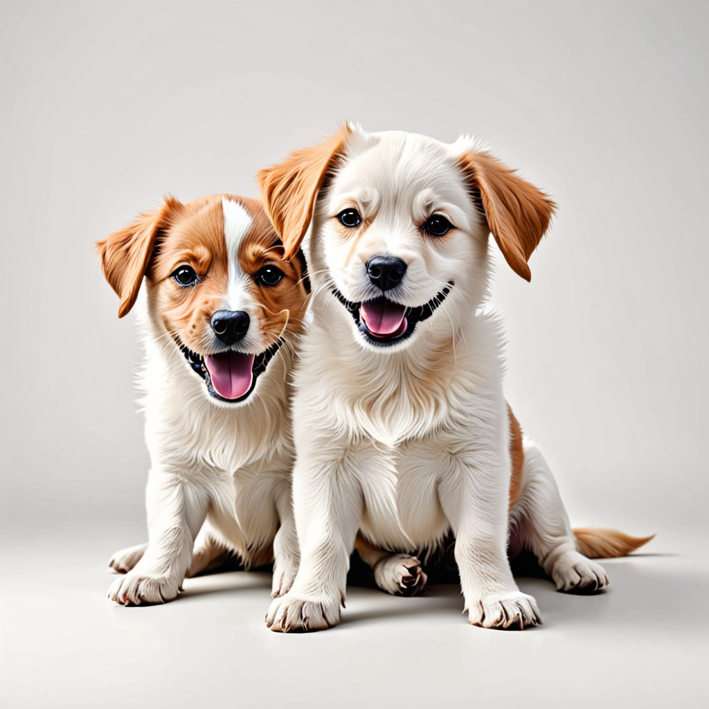 happy cute, 2 dogs, playing, white background, realistic graphic design ...