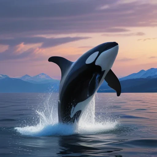 Majestic Orca Breaching the Surface Against a Stunning Sunset Background